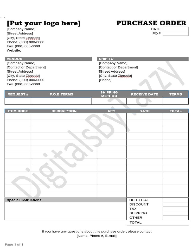 Purchase Order Form Printable, Suitable for Procurement Process - Etsy