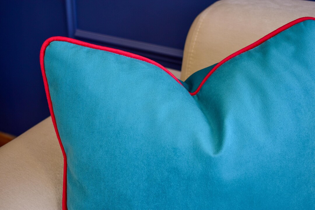 Dark Cyan Velvet Pillow Cover: Red Piping, Any Size - Etsy