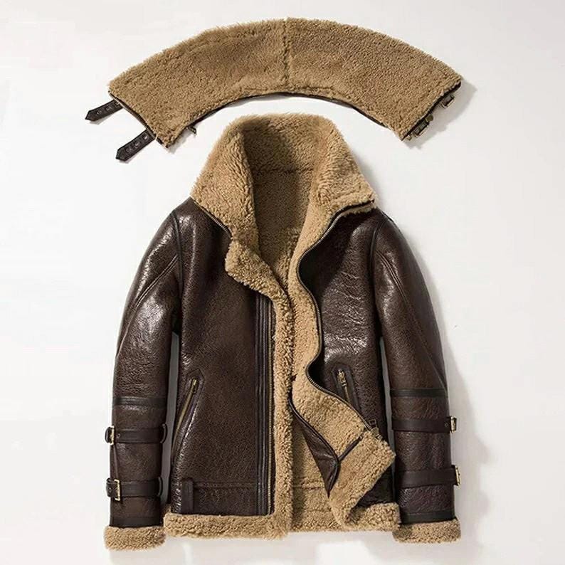 Mens Real Lambskin Leather Aviator B3 Bomber Jacket - Shearling Fur ...