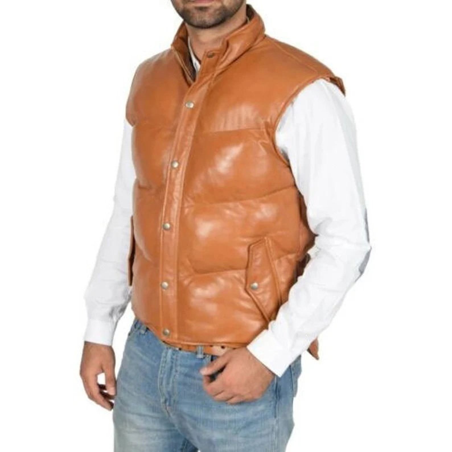 Men's Tan Brown Sheepskin Leather Vest, Cafe Racer Style - Etsy