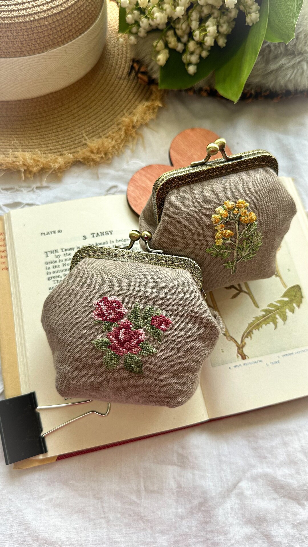 The Set of Two Handmade Embroidered Coin Purses in Vintage Style - Etsy