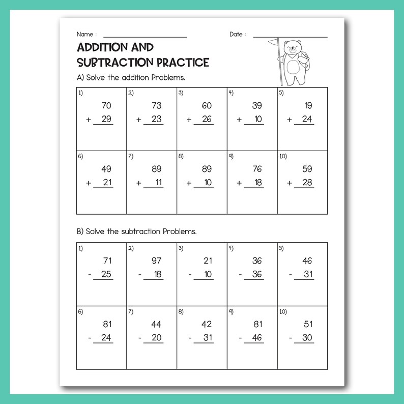 Math Worksheet - Printable - 2 Digit Addition and Subtraction Practice ...