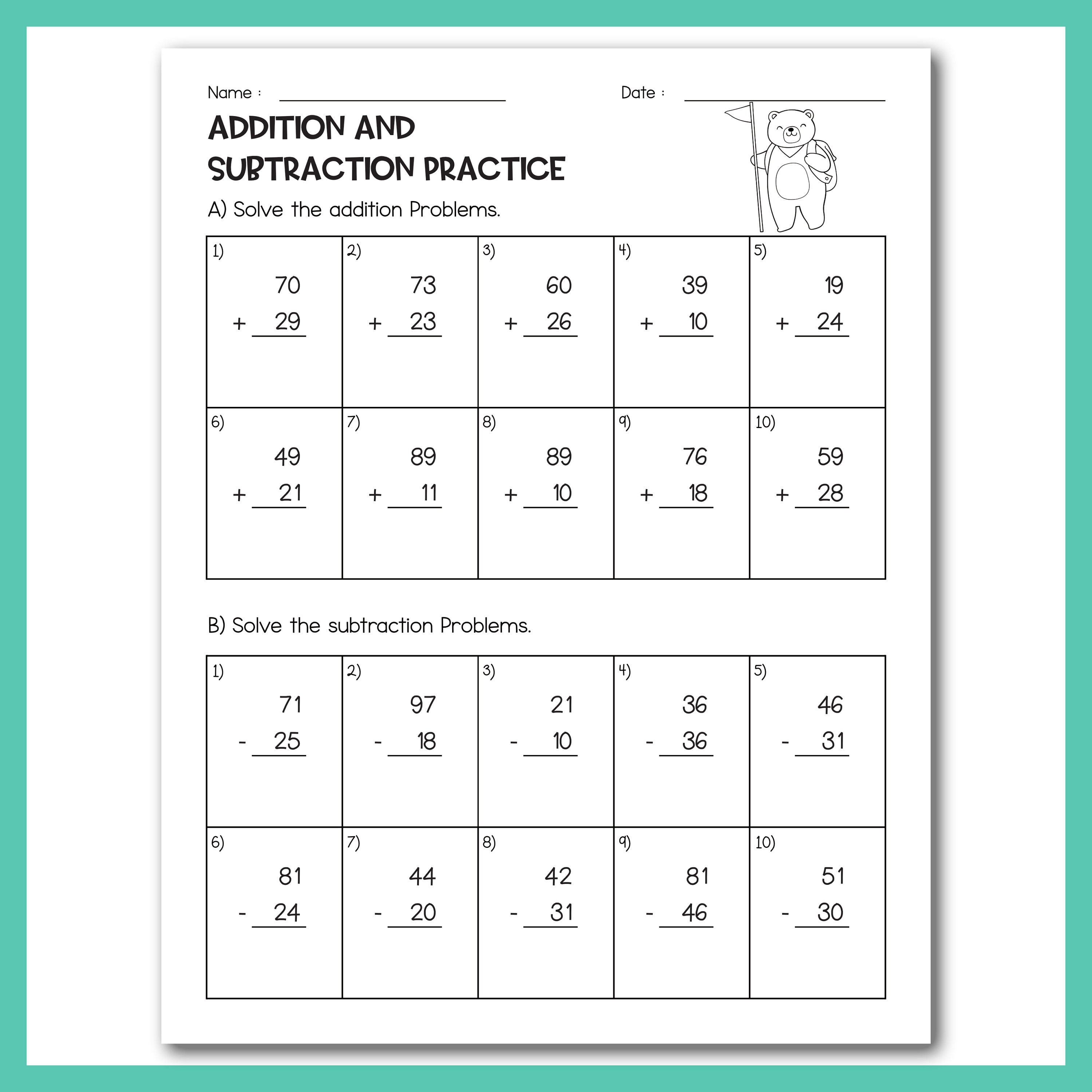 Math Worksheet - Printable - 2 Digit Addition and Subtraction Practice ...