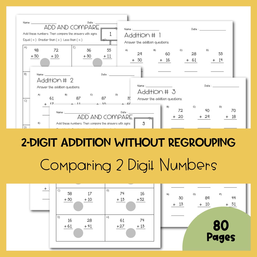 Two-digit Addition and Comparing Numbers Practice Worksheet (grades 1-3 ...