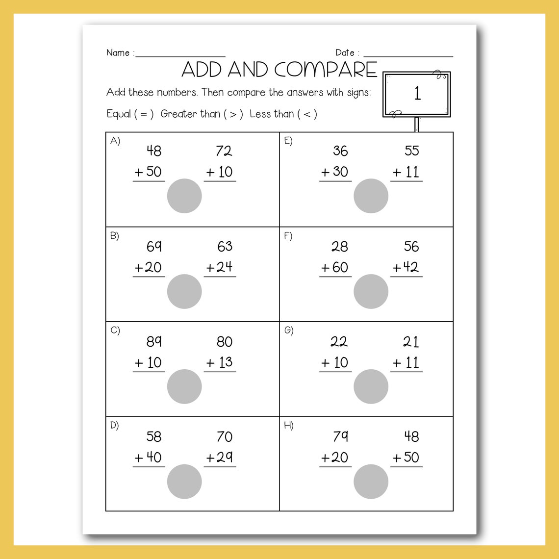 Two-digit Addition and Comparing Numbers Practice Worksheet (grades 1-3 ...