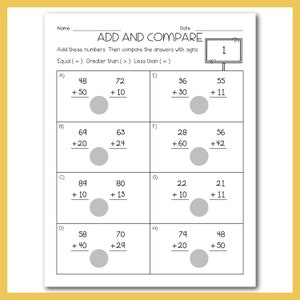 Two-digit Addition and Comparing Numbers Practice Worksheet (grades 1-3 ...