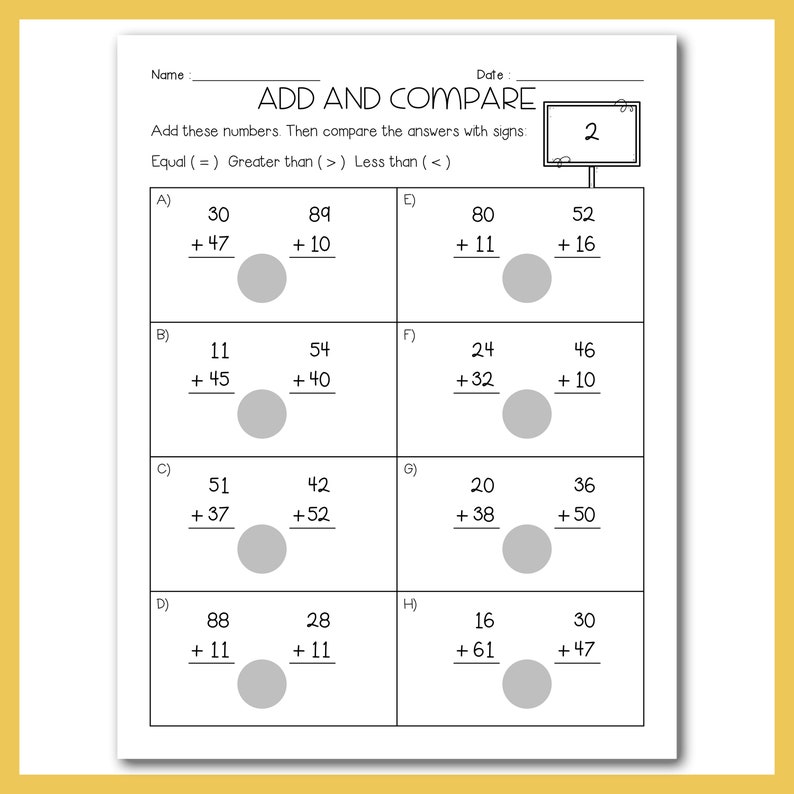 Two-digit Addition and Comparing Numbers Practice Worksheet (grades 1-3 ...