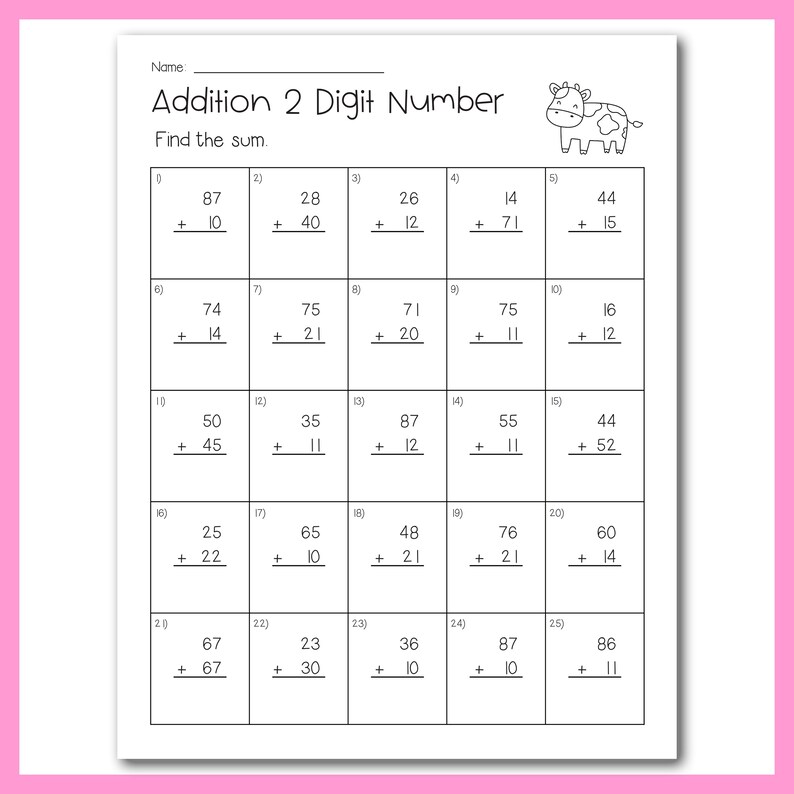 Math Worksheet Printable Activity Homeschool Practice 2 Digit Addition ...