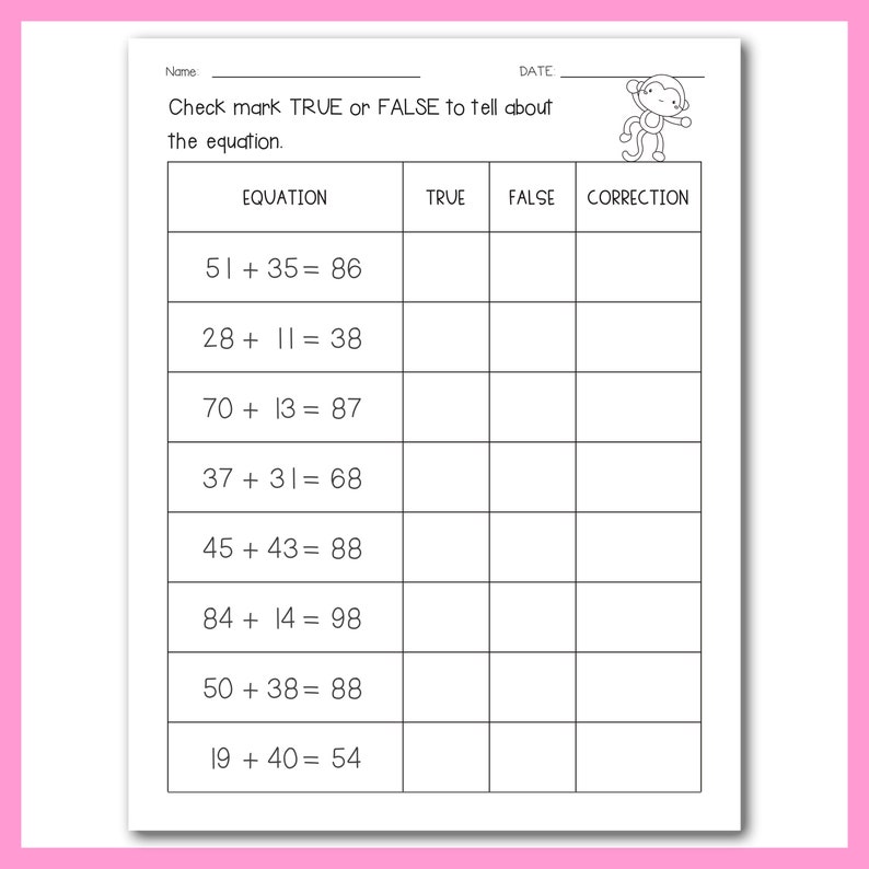 Math Worksheet Printable Activity Homeschool Practice 2 Digit Addition ...
