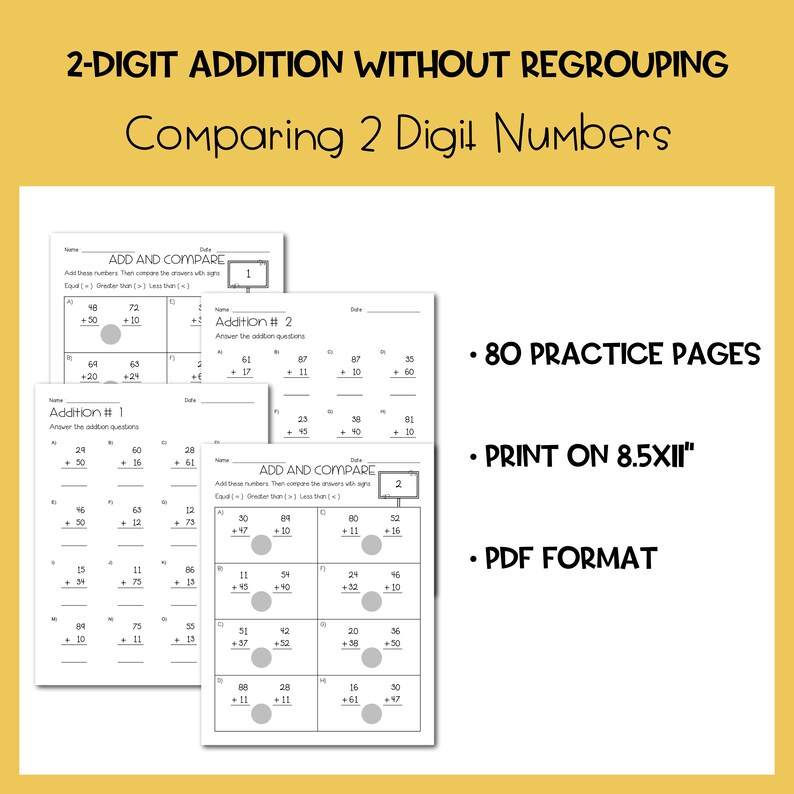 Two-digit Addition and Comparing Numbers Practice Worksheet (grades 1-3 ...