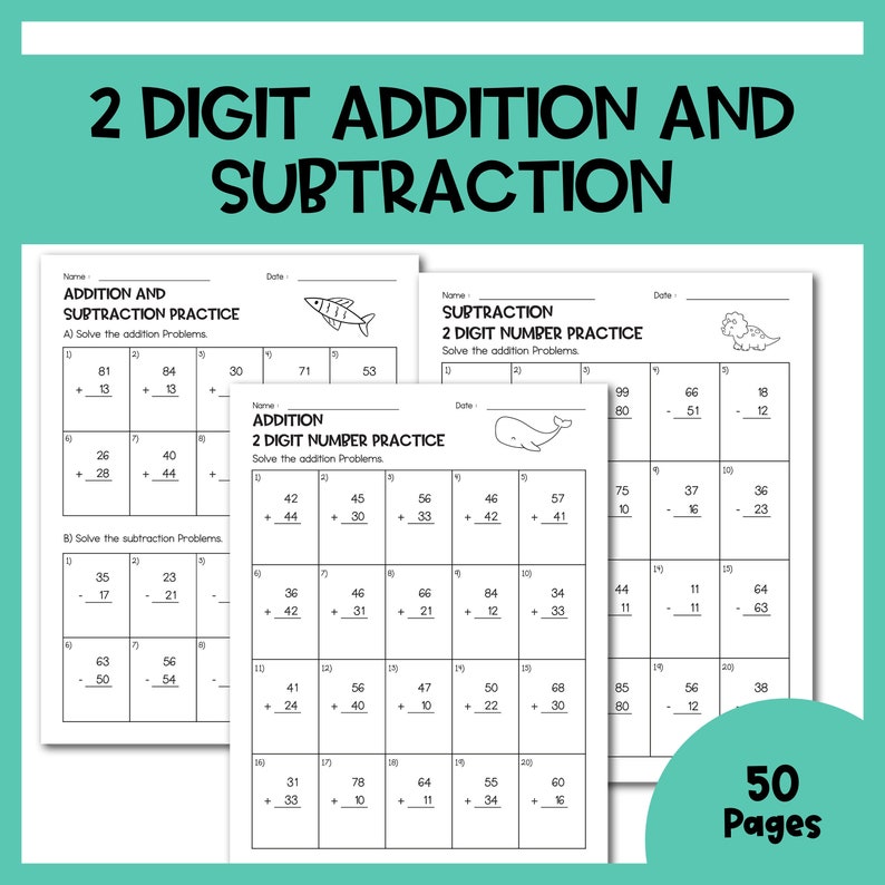 Math Worksheet - Printable - 2 Digit Addition and Subtraction Practice ...