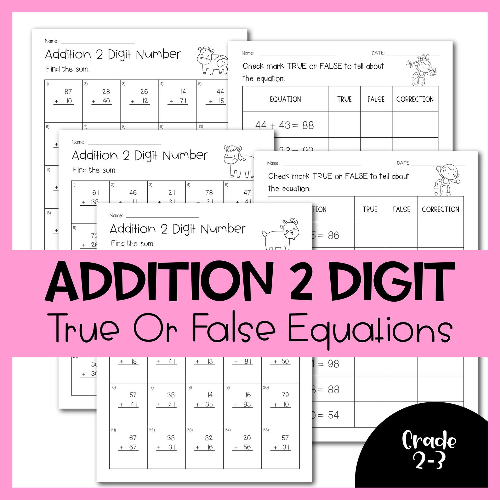 Math Worksheet Printable Activity Homeschool Practice 2 Digit Addition ...