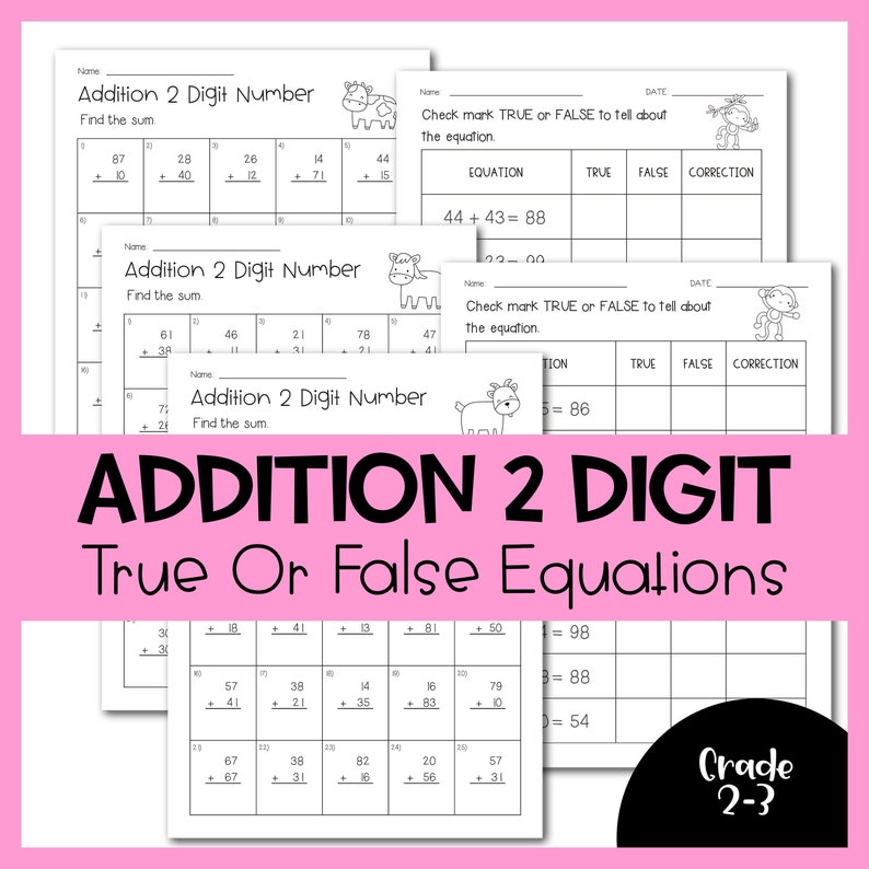 Math Worksheet Printable Activity Homeschool Practice 2 Digit Addition ...