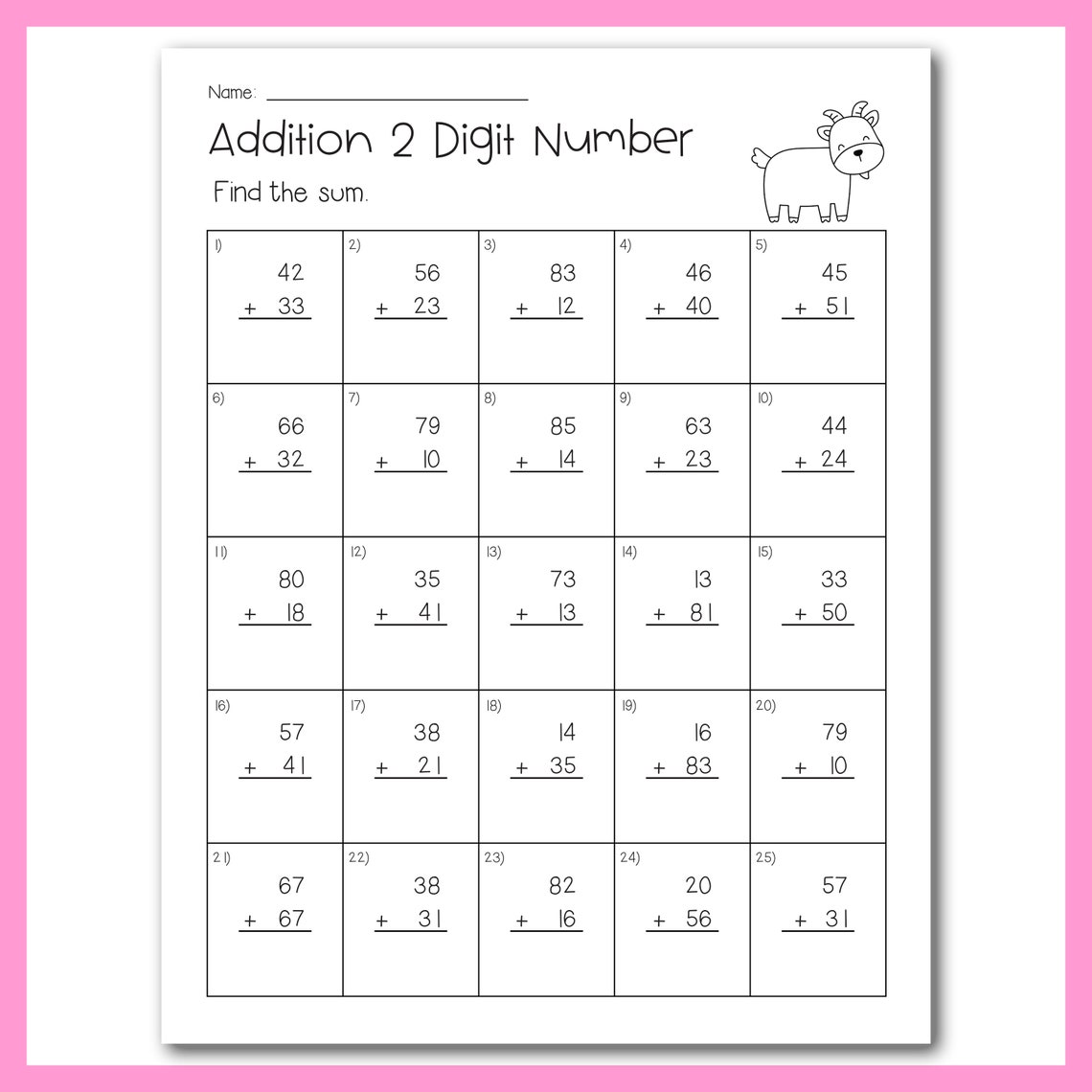 Math Worksheet Printable Activity Homeschool Practice 2 Digit Addition ...