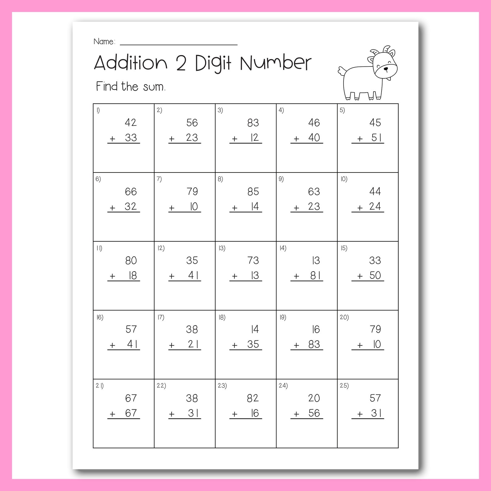 Math Worksheet Printable Activity Homeschool Practice 2 Digit Addition ...