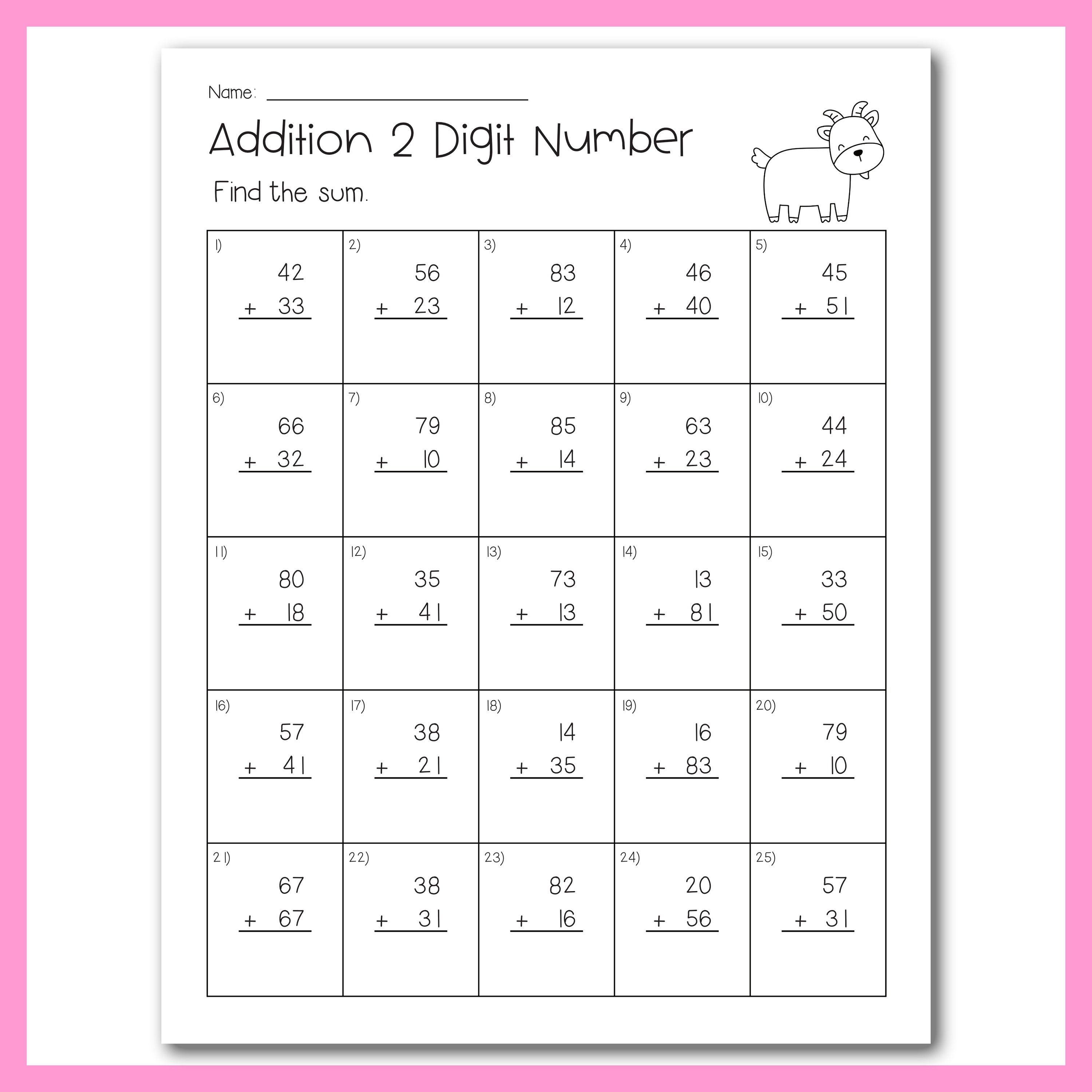 Math Worksheet Printable Activity Homeschool Practice 2 Digit Addition ...