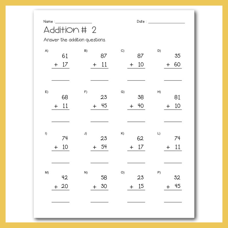 Two-digit Addition and Comparing Numbers Practice Worksheet (grades 1-3 ...