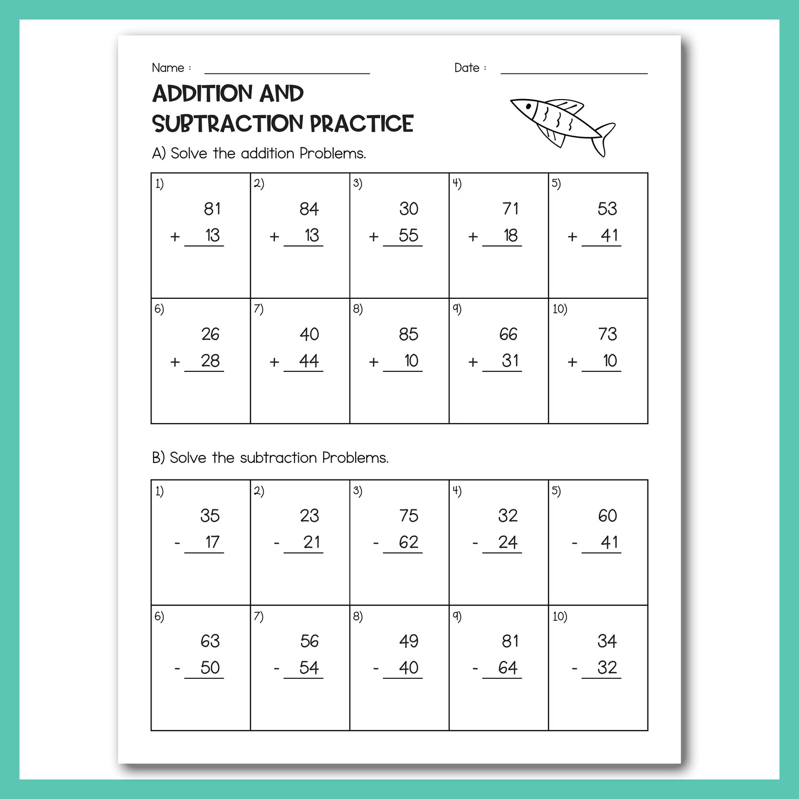 Math Worksheet - Printable - 2 Digit Addition and Subtraction Practice ...