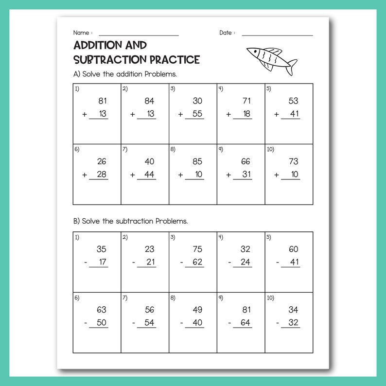 Math Worksheet - Printable - 2 Digit Addition and Subtraction Practice ...