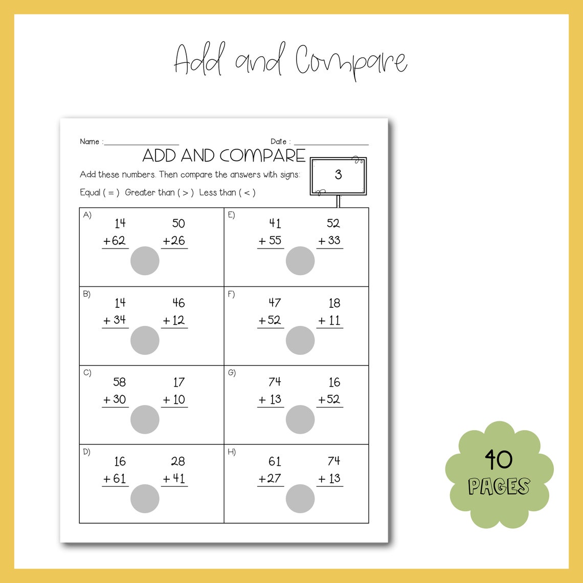 Two-digit Addition and Comparing Numbers Practice Worksheet (grades 1-3 ...