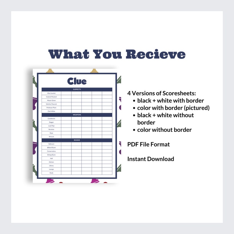 Clue Game Score Sheet, Printable Score Sheet, Clue Score Pad, Digital ...