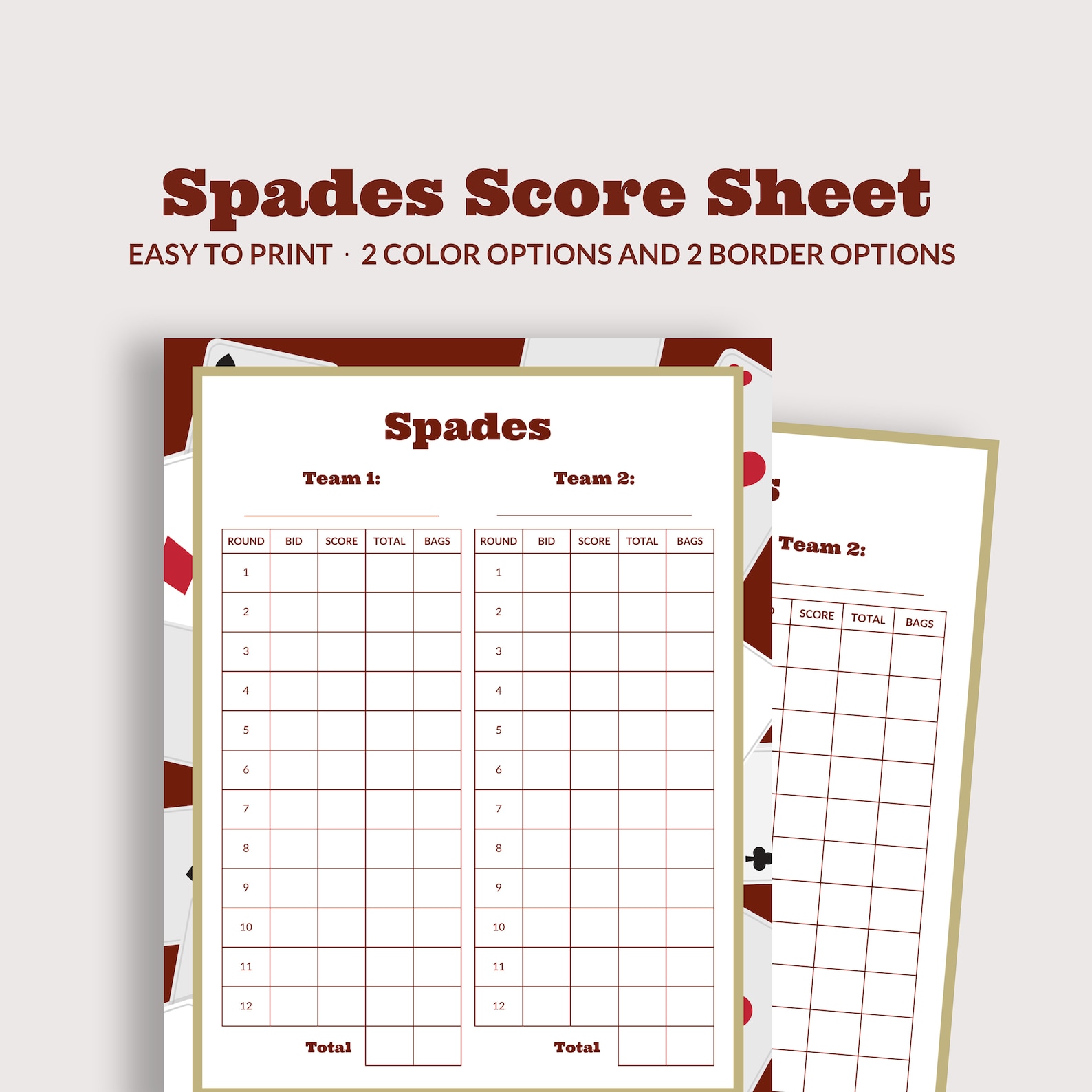 Spades Card Game Score Sheet, Printable Score Sheet, Spades Score Pad ...