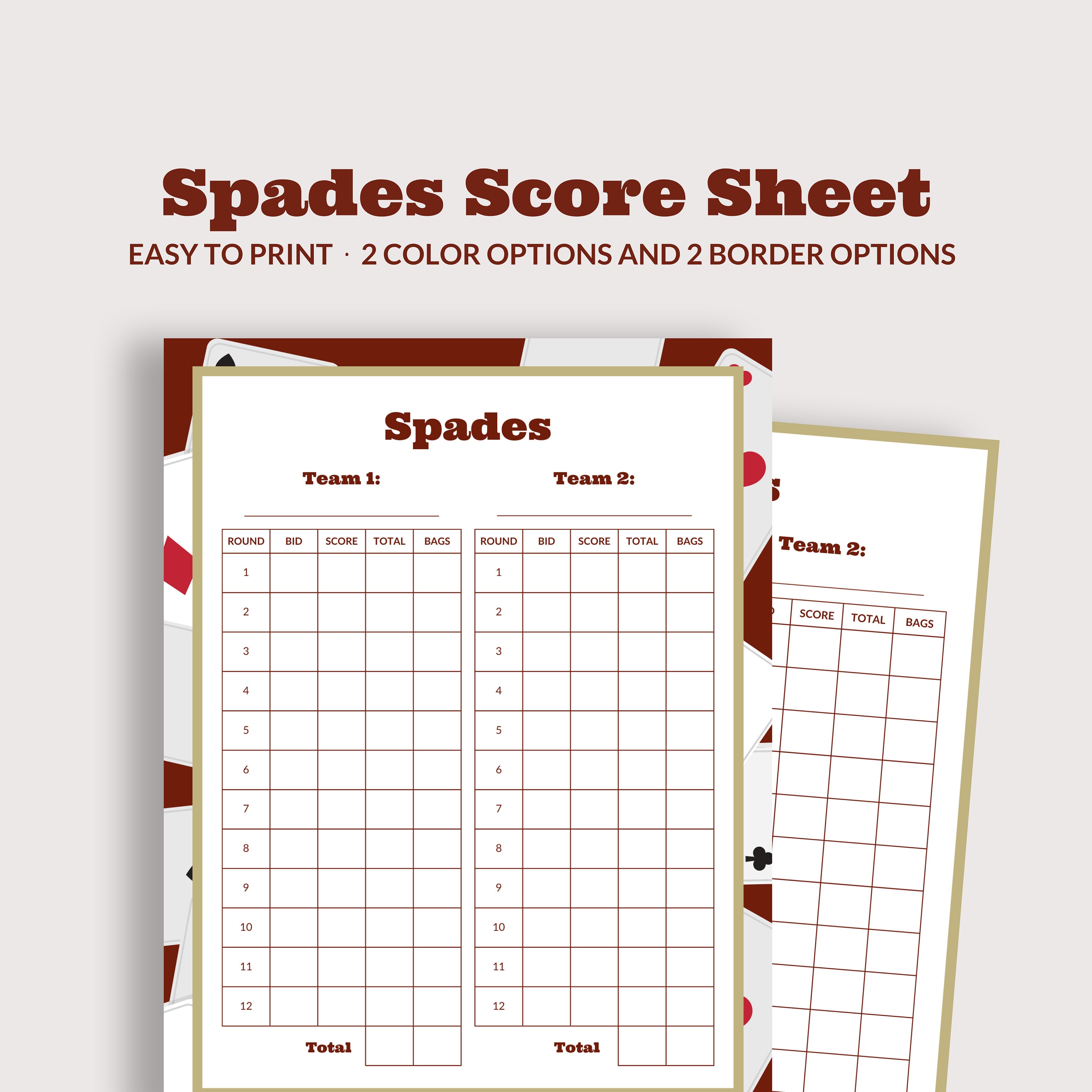 Spades Card Game Score Sheet, Printable Score Sheet, Spades Score Pad ...