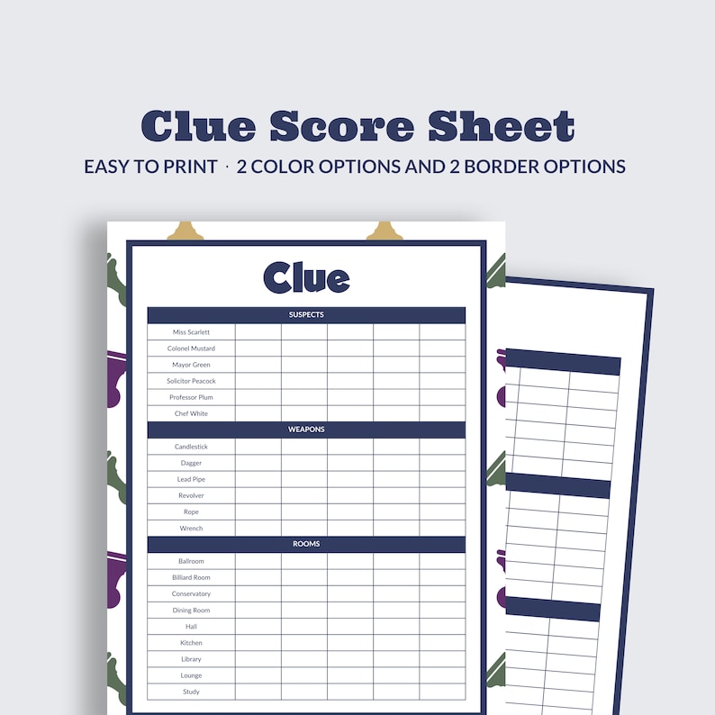 Clue Game Score Sheet, Printable Score Sheet, Clue Score Pad, Digital ...