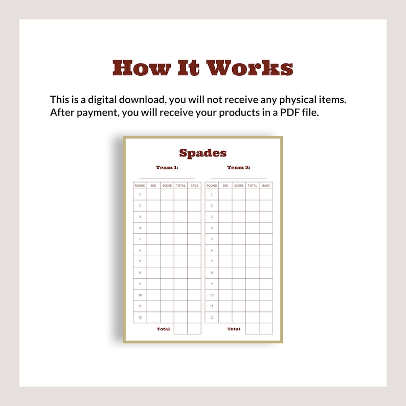 Spades Card Game Score Sheet, Printable Score Sheet, Spades Score Pad ...