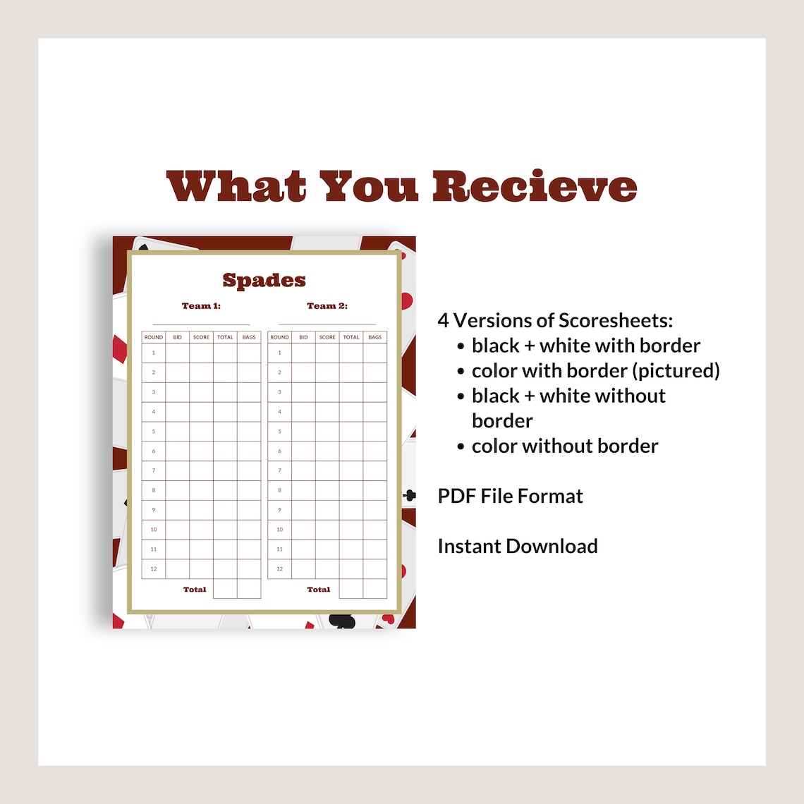 Spades Card Game Score Sheet, Printable Score Sheet, Spades Score Pad ...