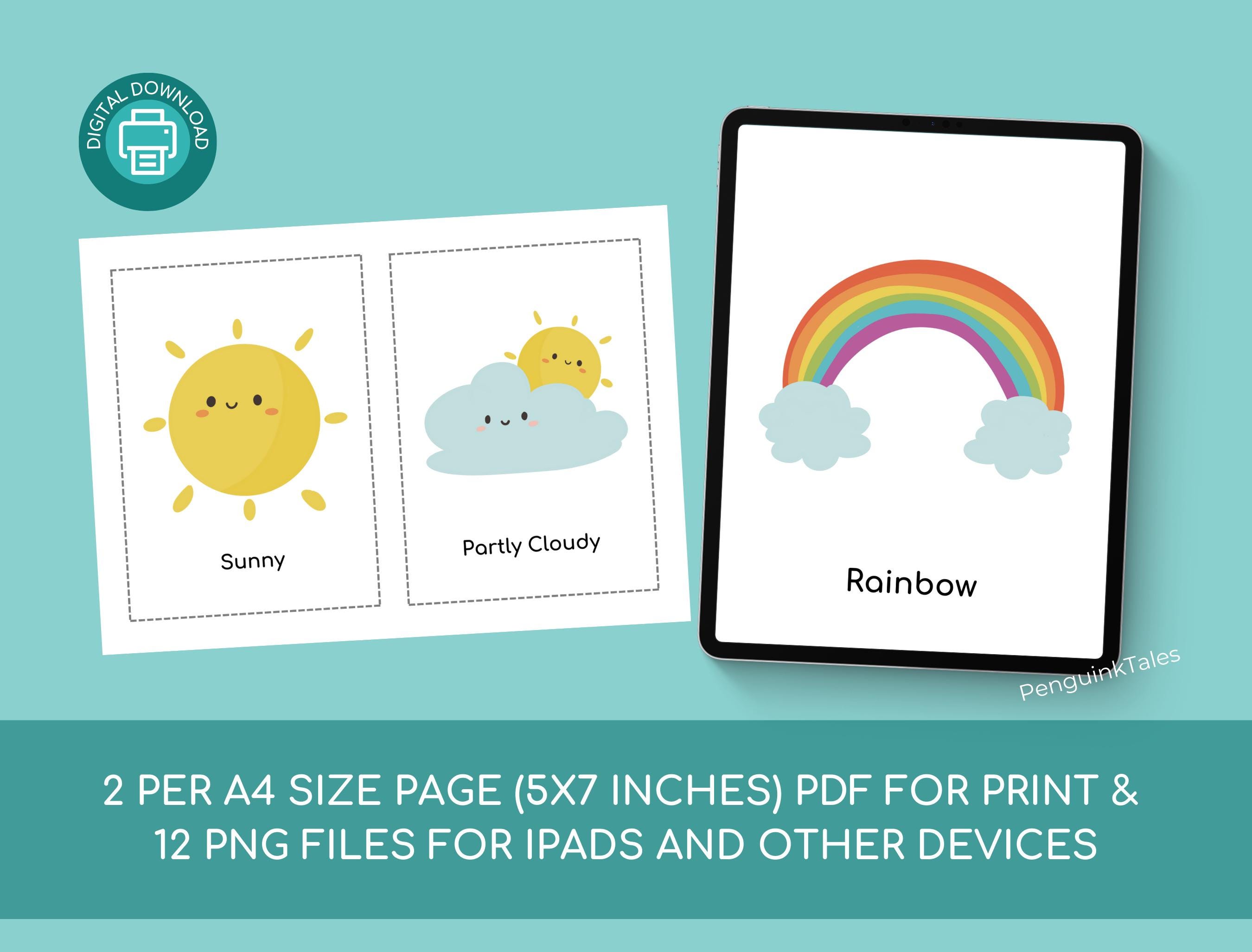 12 Weather Cards Weather Flashcards Pre-school Cards Rainbow ...