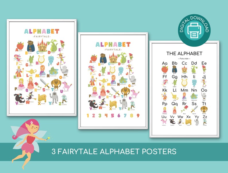 Fairytale Alphabet Poster Handwriting Chart Print Educational Wall Art ...
