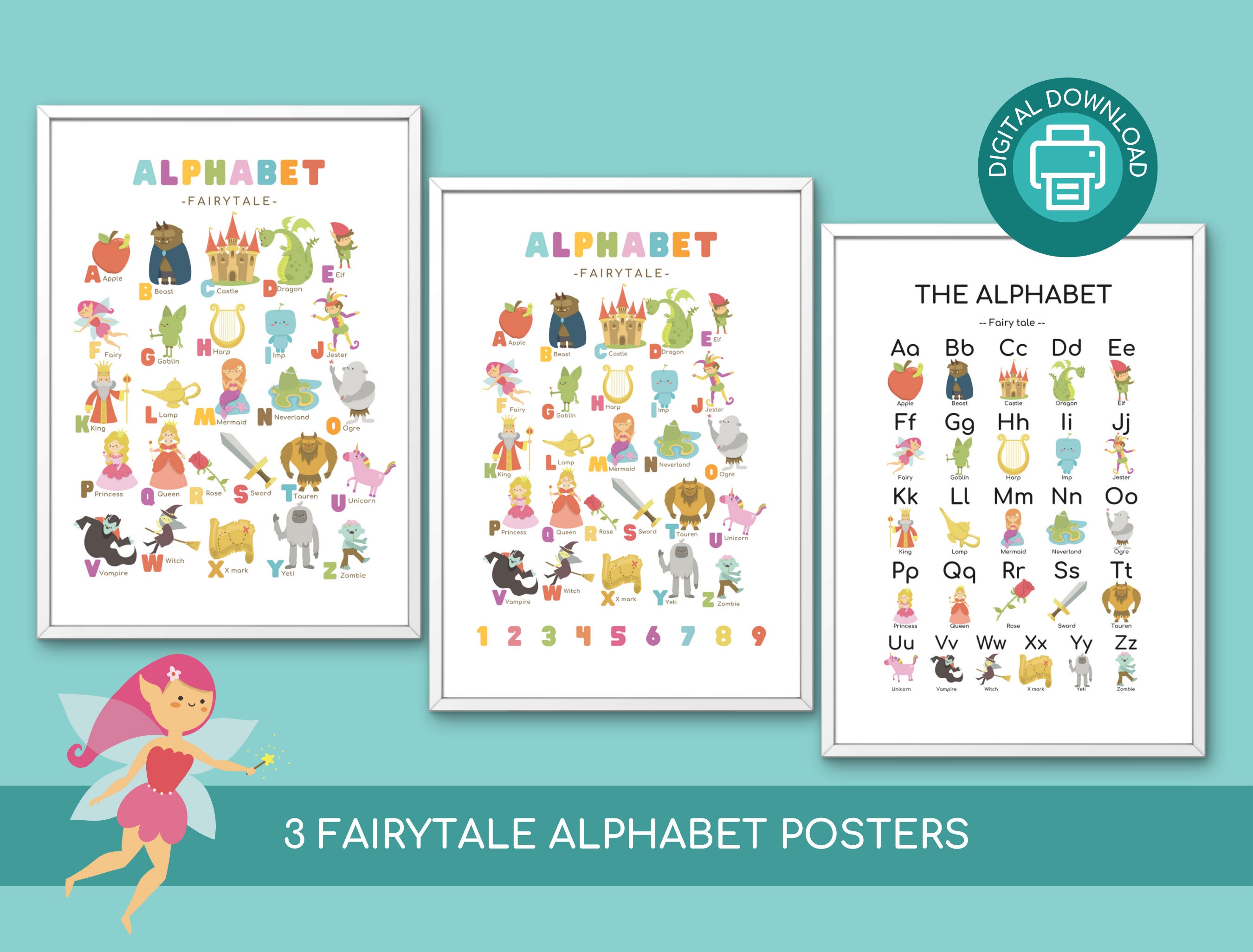Fairytale Alphabet Poster Handwriting Chart Print Educational Wall Art ...