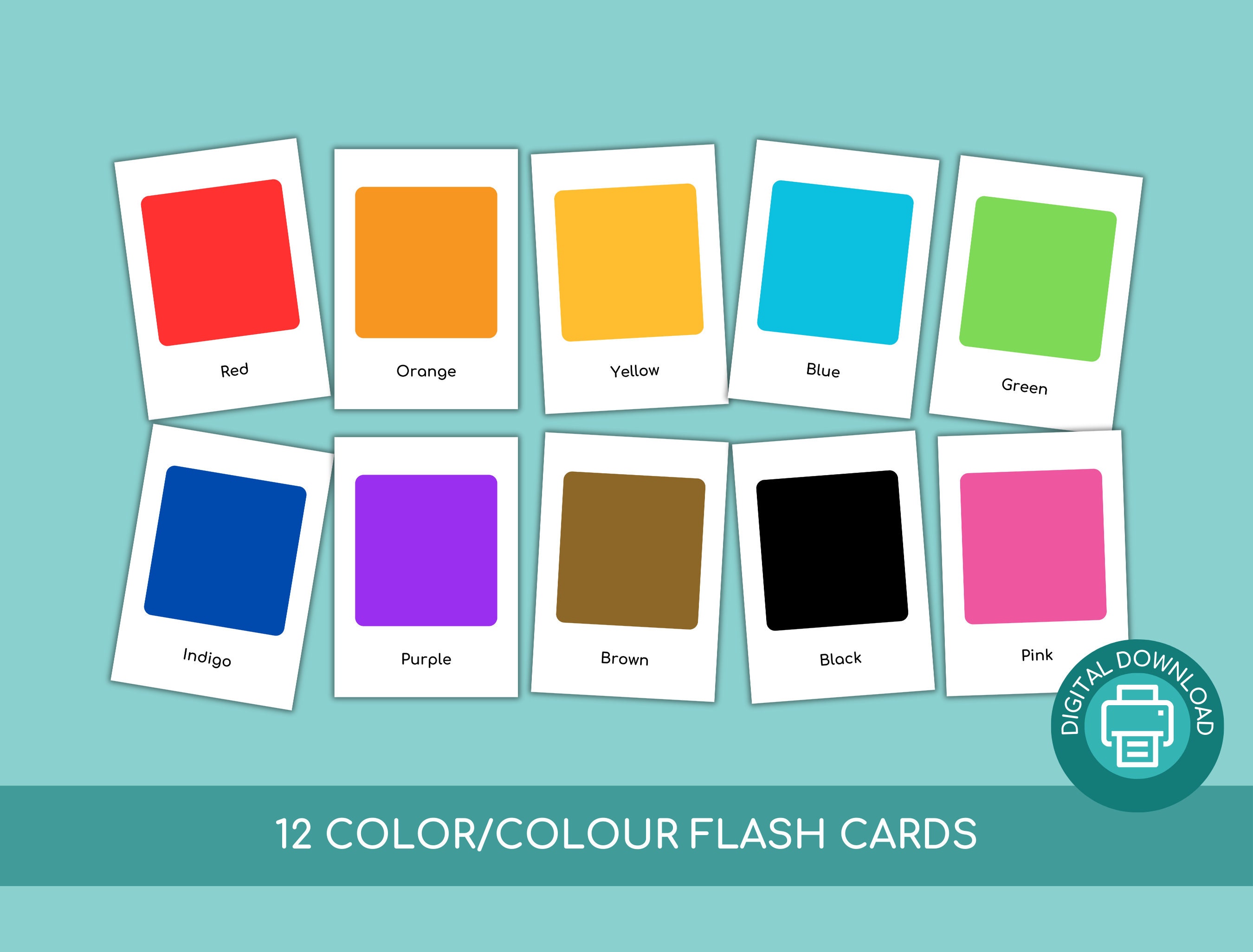 12 Color Cards Flashcards Flash Cards Pre-school Cards Educational ...
