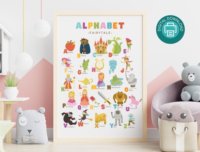 Fairytale Alphabet Poster Handwriting Chart Print Educational Wall Art ...