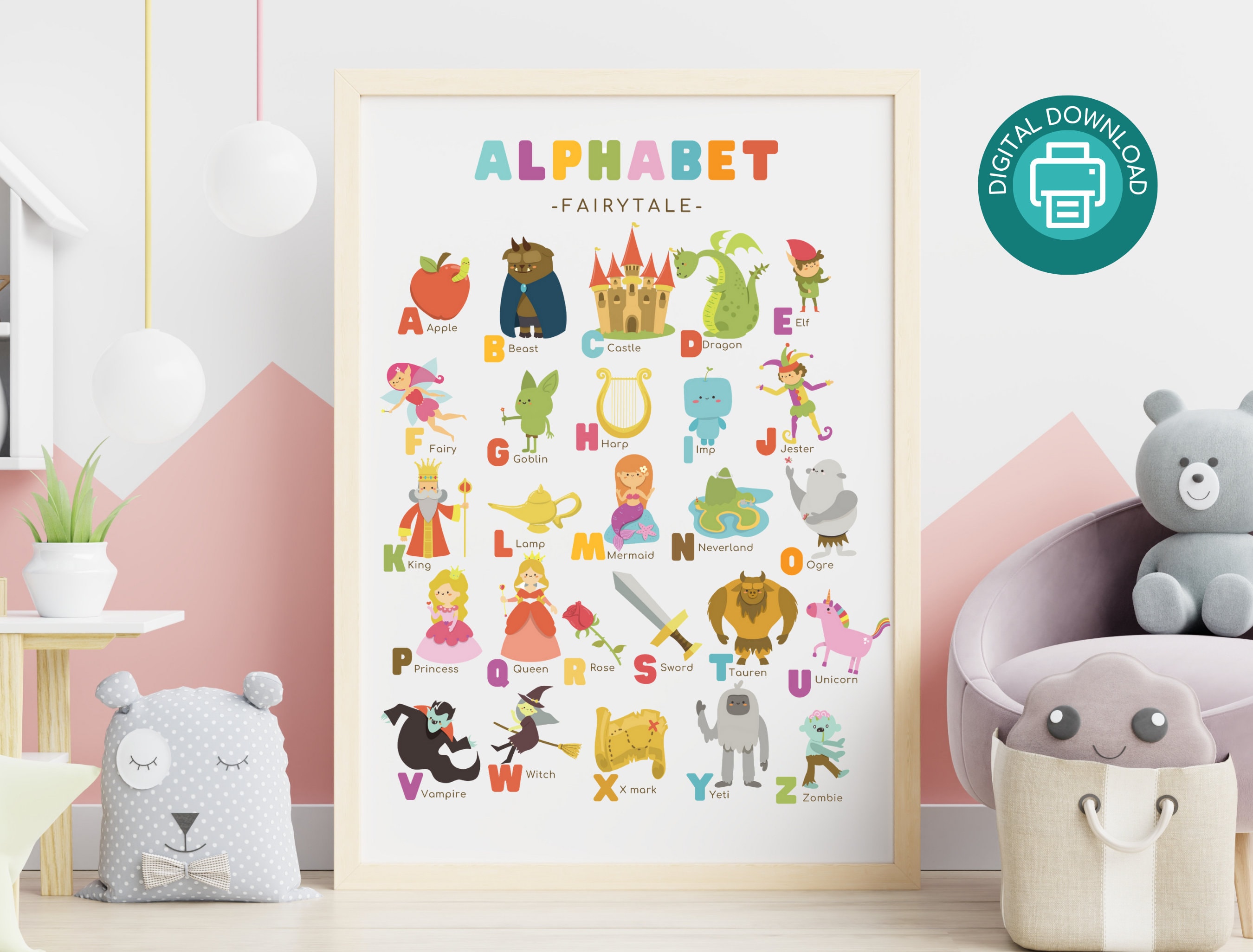 Fairytale Alphabet Poster Handwriting Chart Print Educational Wall Art ...