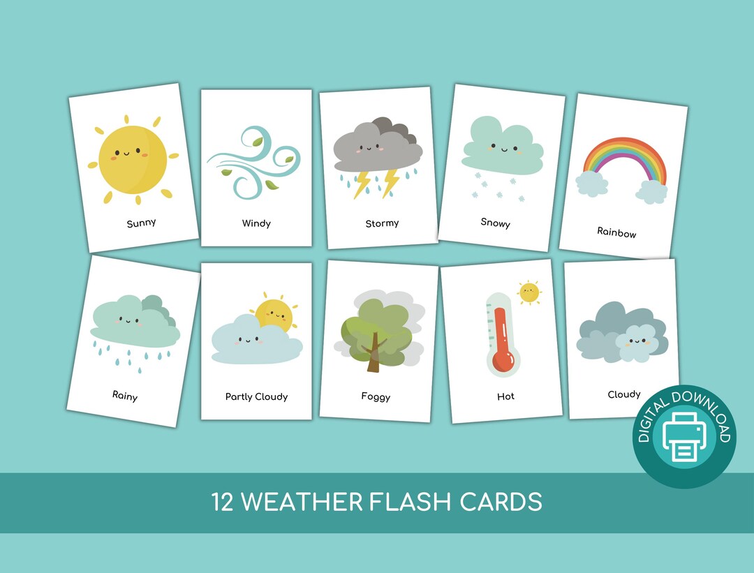 12 Weather Cards Weather Flashcards Pre-school Cards Rainbow ...