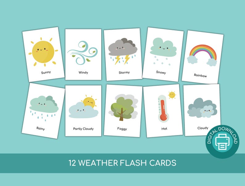 12 Weather Cards Weather Flashcards Pre-school Cards Rainbow ...