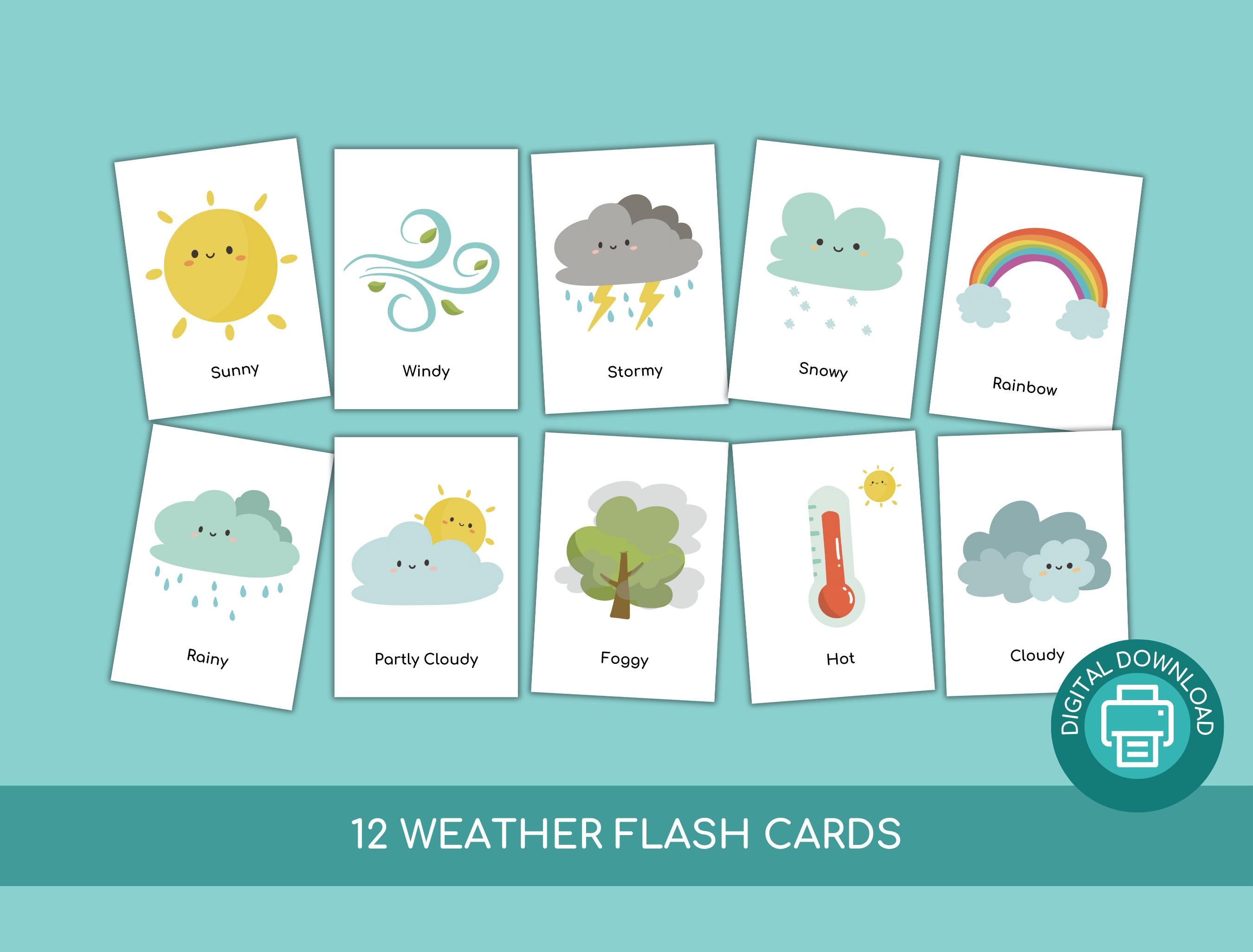 12 Weather Cards Weather Flashcards Pre-school Cards Rainbow ...