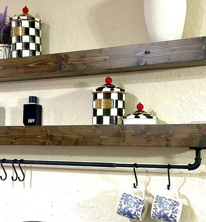 Rustic Coffee Bar Floating Shelf Set: Solid Wood Mug Holder - Etsy