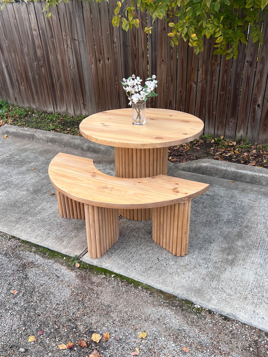 SIENNA - Custom Round Dining Table Set - Curved Bench - Fluted Base ...