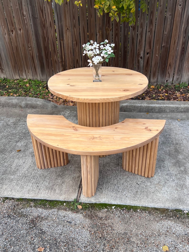 SIENNA Custom Round Dining Table Set Curved Bench Fluted Base Pedestal ...