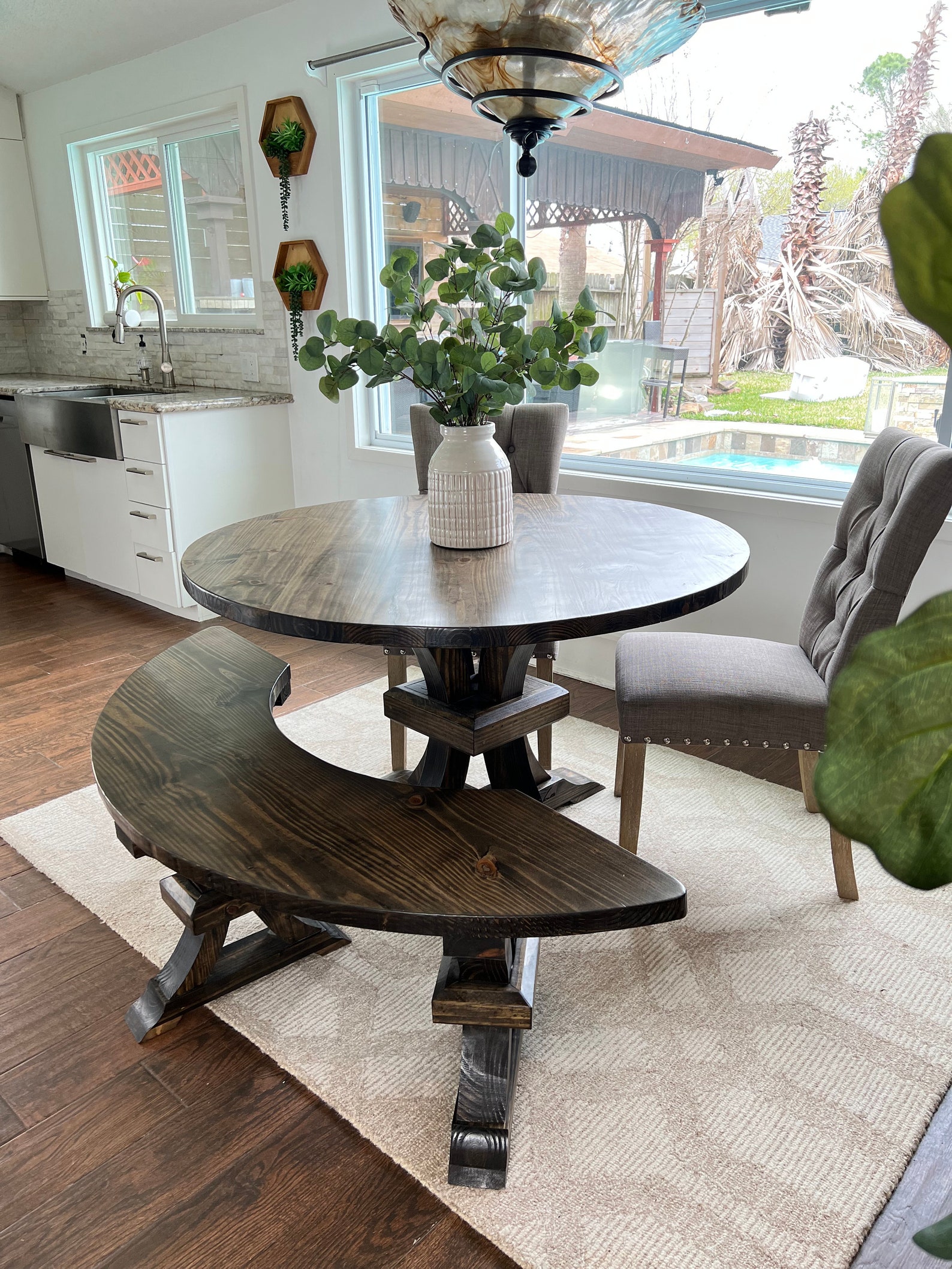 ELEANOR Custom Round Dining Table & Bench Curved Base Pedestals Solid ...