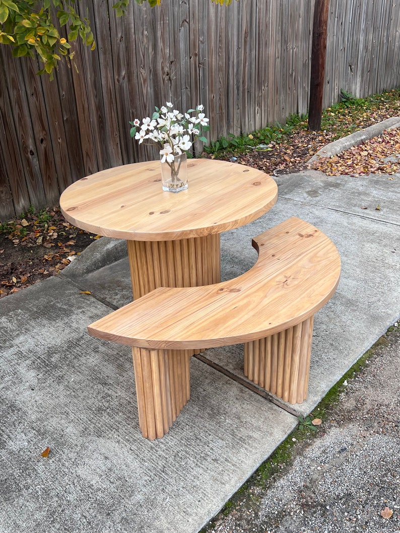 SIENNA Custom Round Dining Table Set Curved Bench Fluted Base Pedestal ...