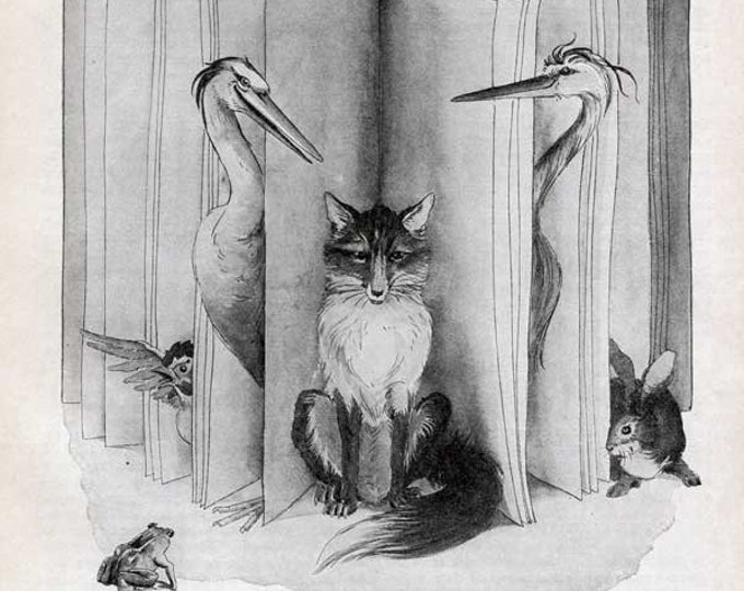 Vintage 1930's Fables Bookplate Print W Fable Animals Illustration, Fox ...