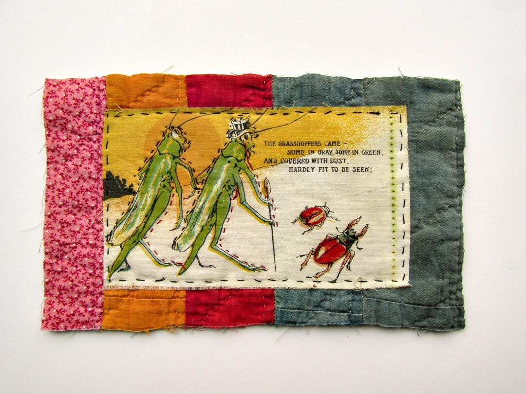 Grasshopper's on a Stroll Scene Antique Quilt Piece Patchwork Mini Quilt Decoration, Textile ...