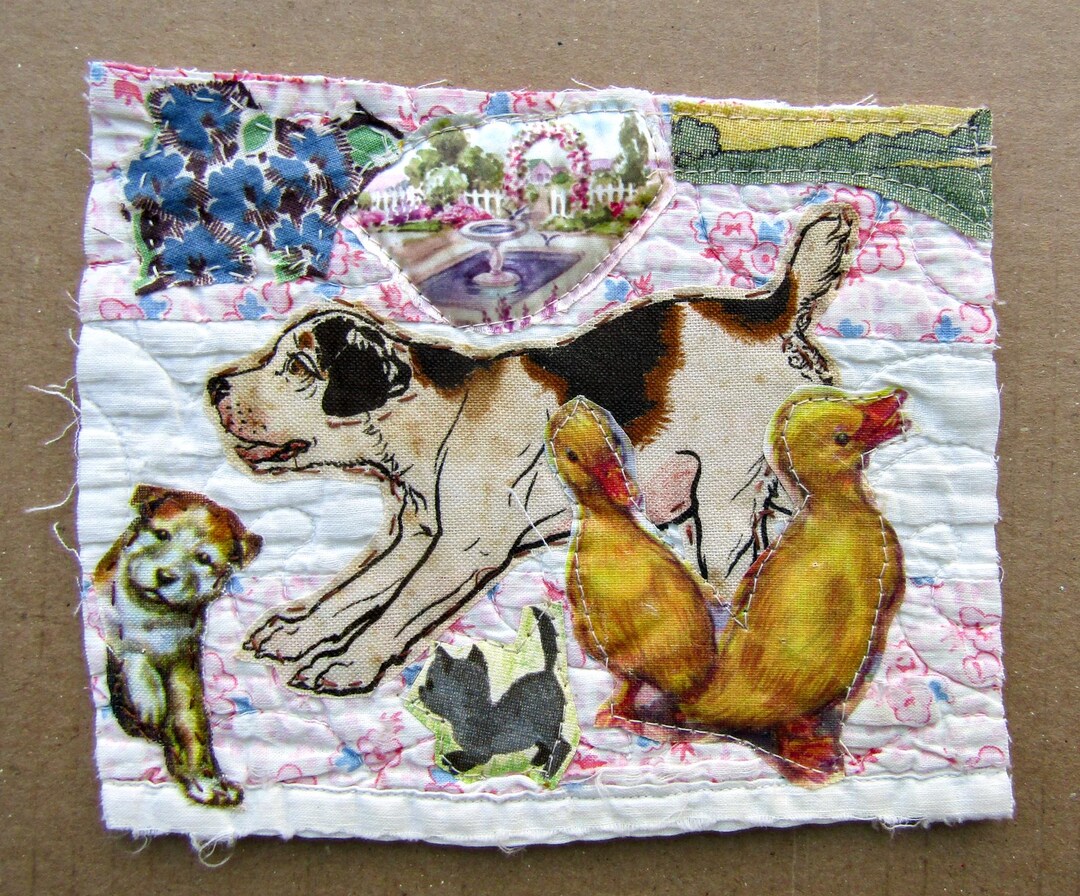 Dogs, Ducks and a Kitten Scene With Patchwork Mini Quilt, Mat ...