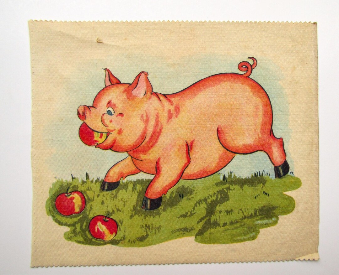 Vintage Child's Muslin Book Page, Happy Piglet Eating Apples, Junk ...