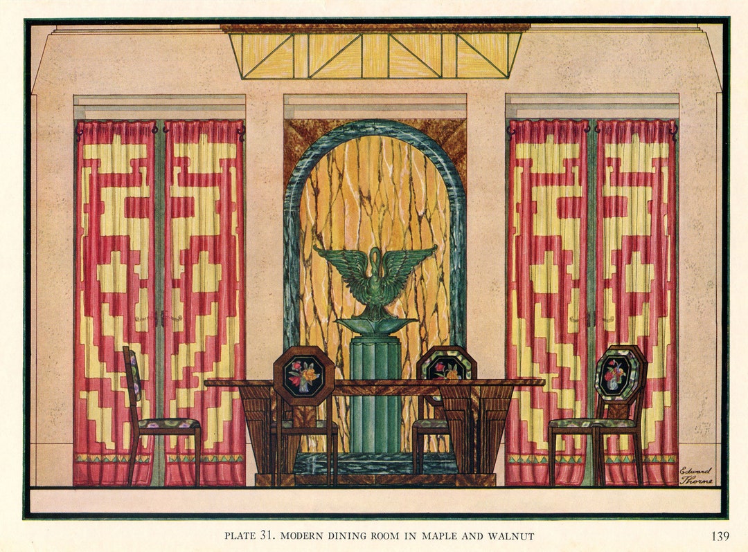 Vintage 1937 Art Deco Interior Decorative Drapes, Textiles Bookplate ...