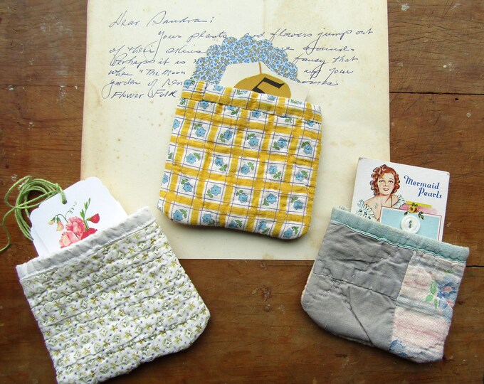 Bundle of 3 Vintage Worn Quilt Piece Mini Pouches, Upcycled Small Bags ...